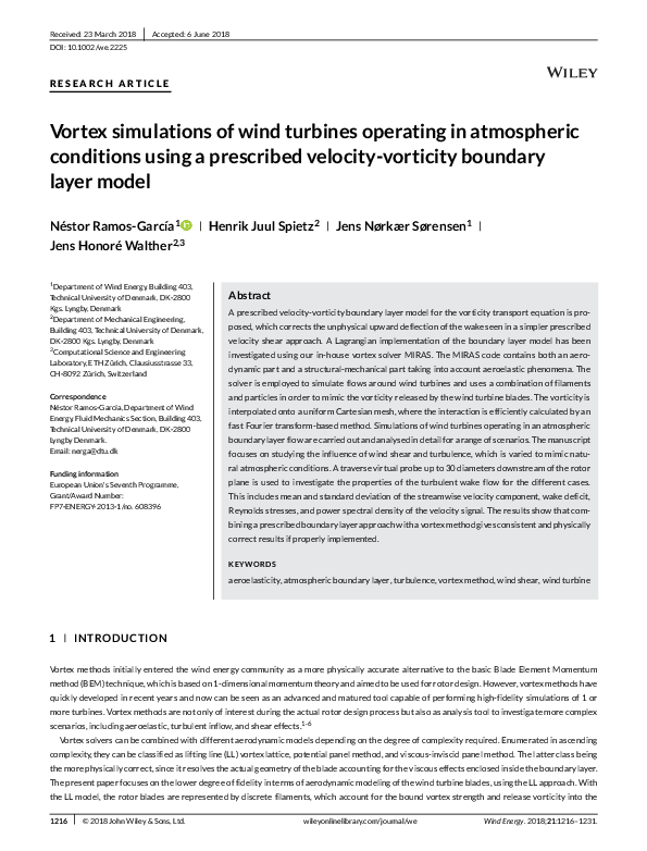 (PDF) Vortex simulations of wind turbines operating in atmospheric conditions using a prescribed ...