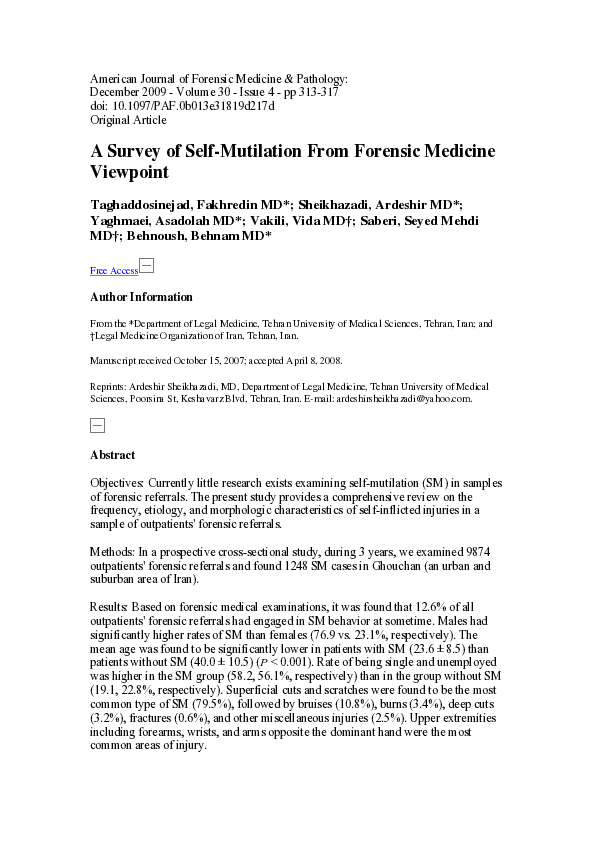 (PDF) A Survey of Self-Mutilation From Forensic Medicine Viewpoint