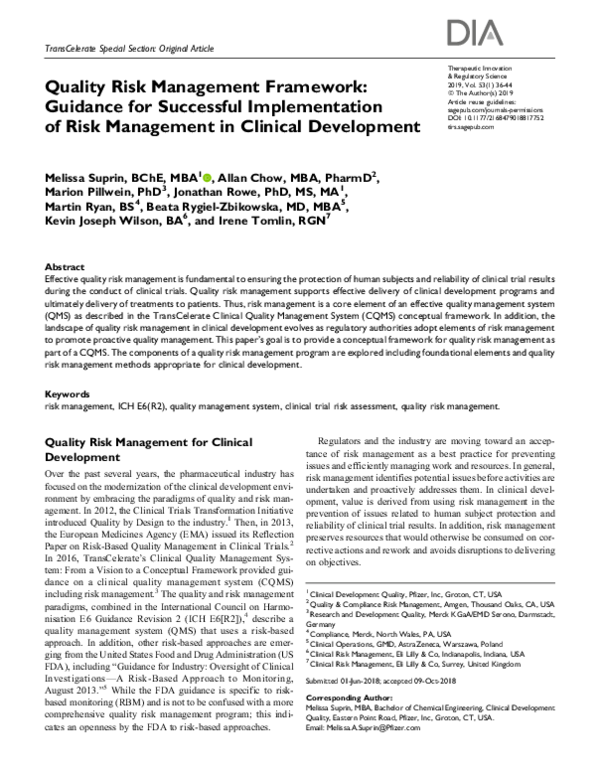 (PDF) Quality Risk Management Framework: Guidance for Successful ...