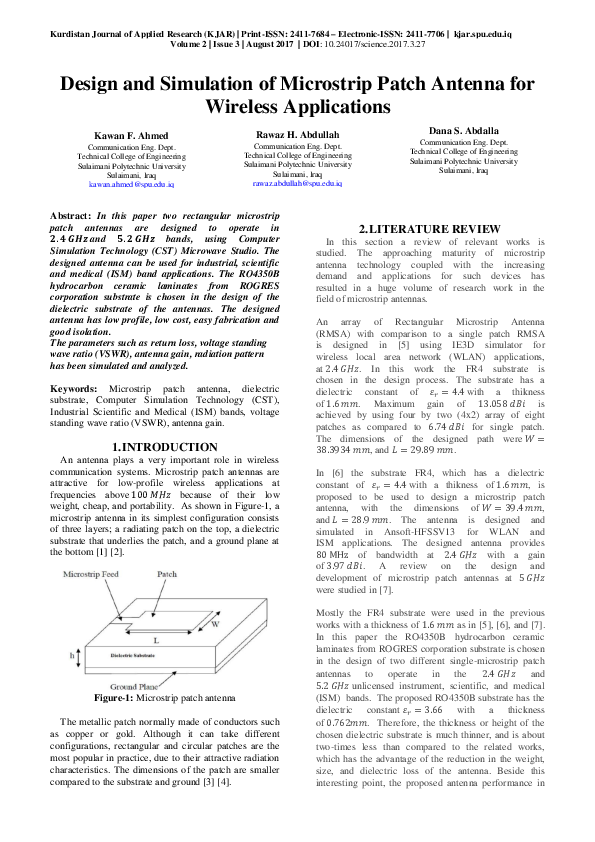 (PDF) Design and Simulation of Microstrip Patch Antenna for Wireless Applications