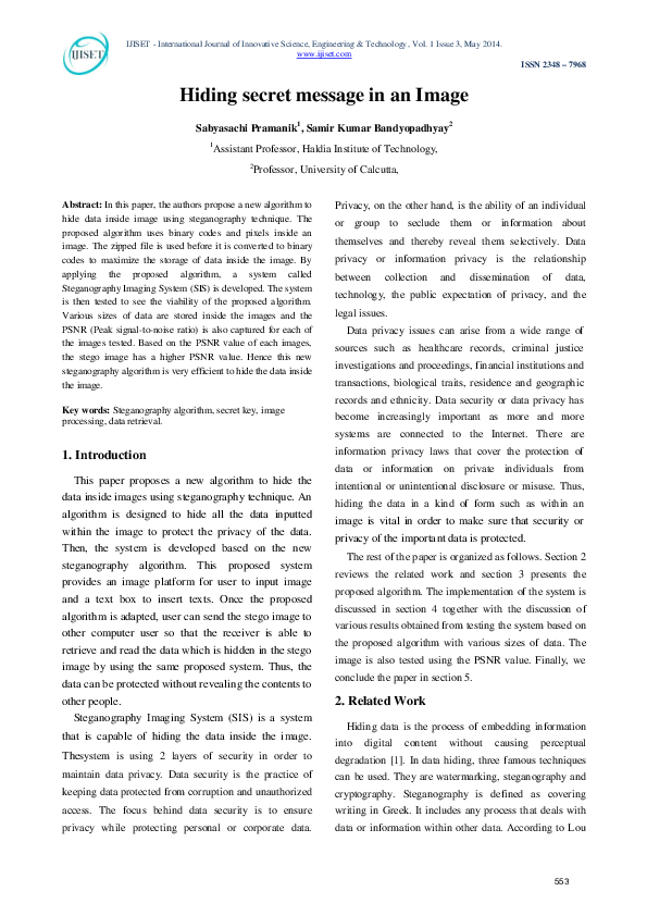 (PDF) Hiding secret message in an Image