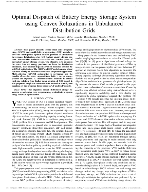(PDF) Optimal Dispatch of Battery Energy Storage System using Convex Relaxations in Unbalanced ...