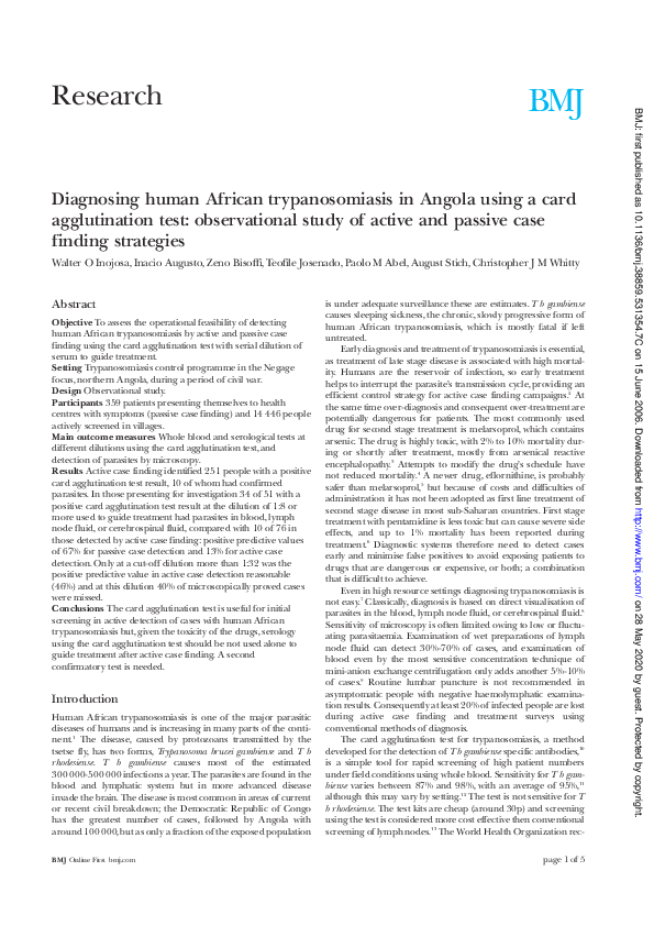 (PDF) Diagnosing human African trypanosomiasis in Angola using a card ...
