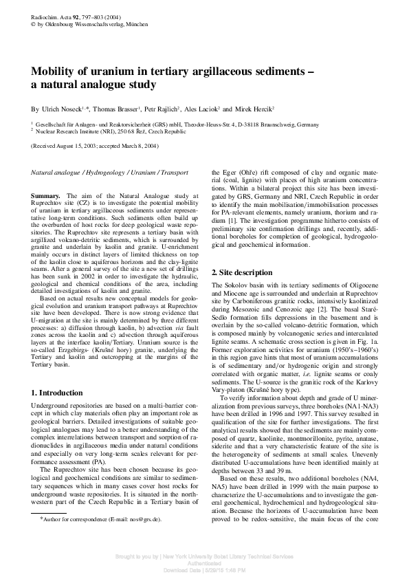 (PDF) Mobility of uranium in tertiary argillaceous sediments – a ...