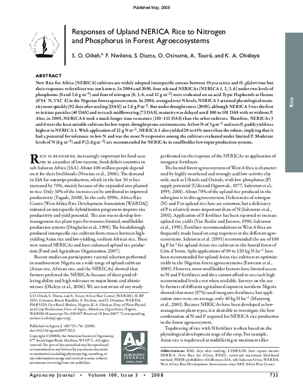 (PDF) Responses of Upland NERICA Rice to Nitrogen and Phosphorus in ...