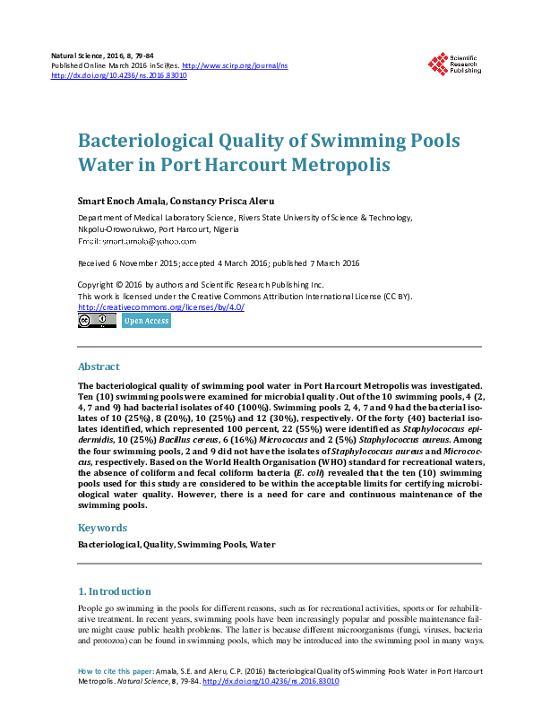 (PDF) Bacteriological Quality of Swimming Pools Water in Port Harcourt ...