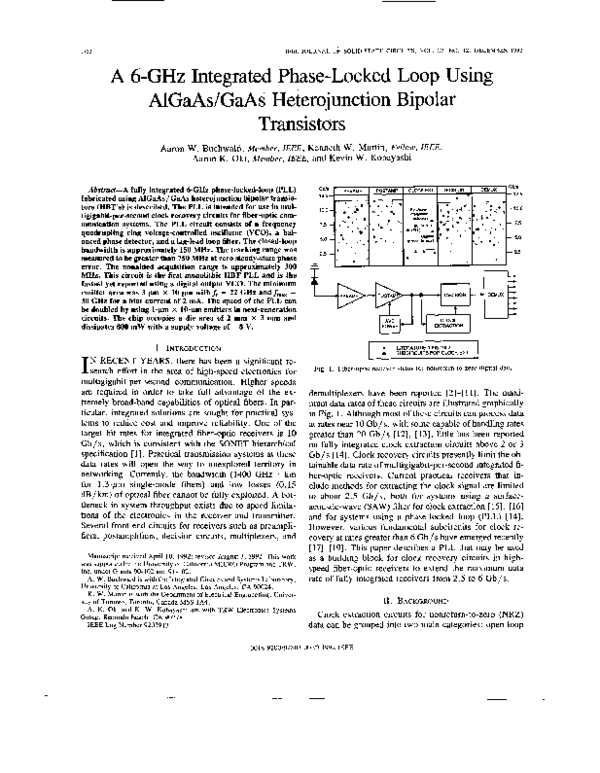 Pdf A 6 Ghz Integrated Phase Locked Loop Using Algaasgaas Heterojunction Bipolar Transistors