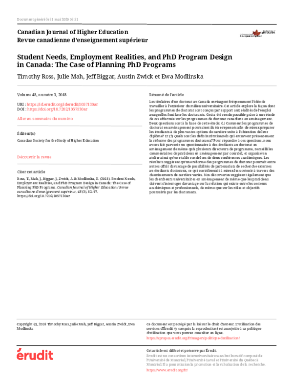 (PDF) Student Needs, Employment Realities, and PhD Program Design in ...