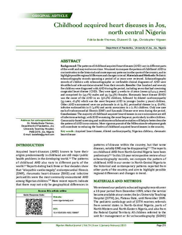 (PDF) Childhood acquired heart diseases in Jos, north central Nigeria