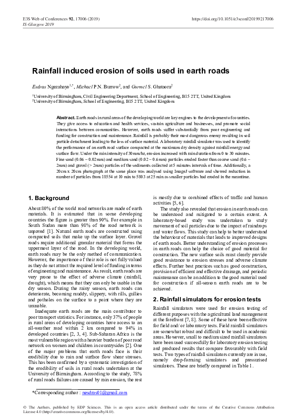 (PDF) Rainfall induced erosion of soils used in earth roads | Gurmel ...