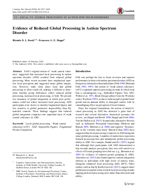 (PDF) Evidence of Reduced Global Processing in Autism Spectrum Disorder