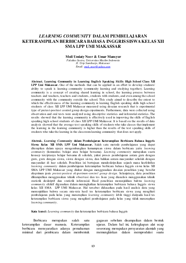 (PDF) Learning Community Dalam Pembelajaran Keterampilan Berbicara Bahasa Inggris Siswa Kelas ...