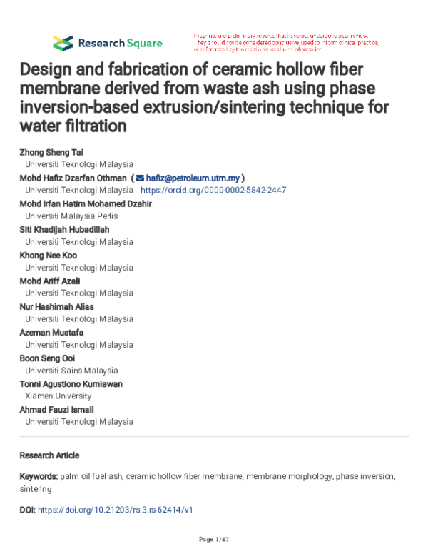 (PDF) Design and fabrication of ceramic hollow fiber membrane derived ...