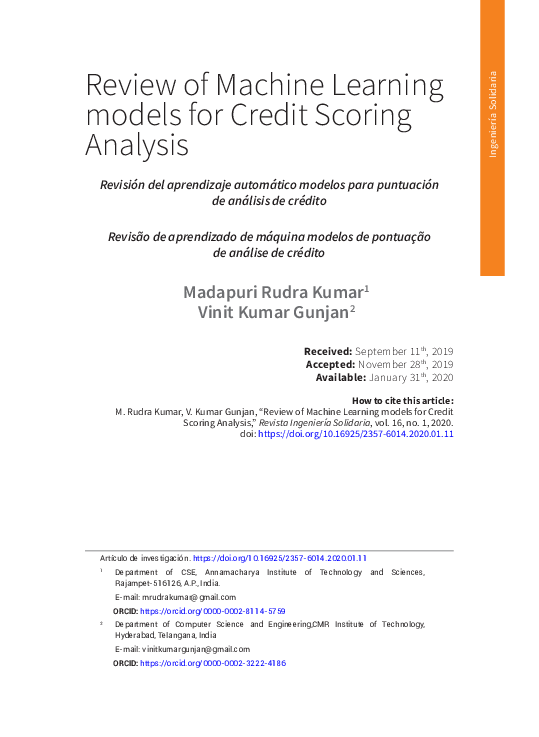 (PDF) Review of Machine Learning models for Credit Scoring Analysis