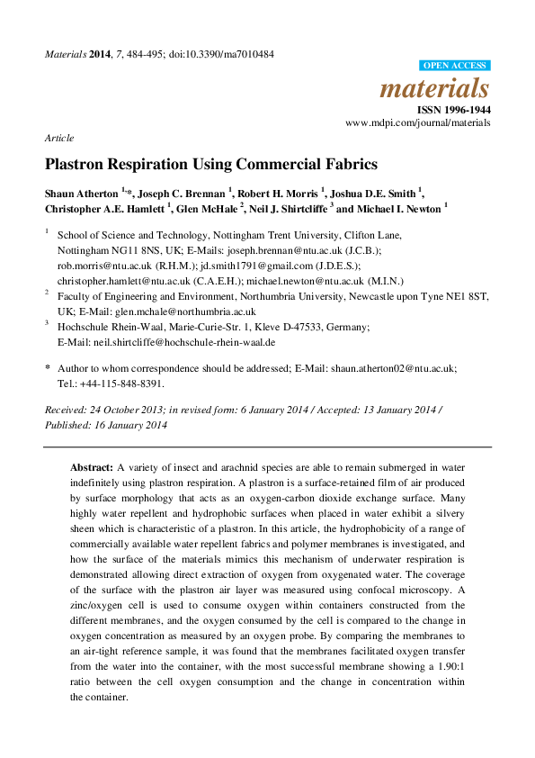 (PDF) Plastron Respiration Using Commercial Fabrics