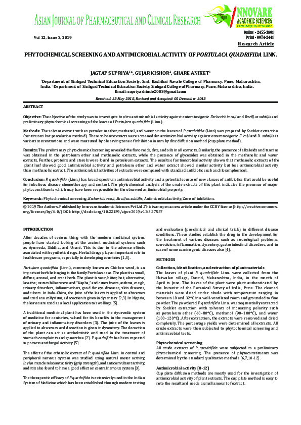 (PDF) Phytochemical Screening and Antimicrobial Activity of Portulaca Quadrifida Linn