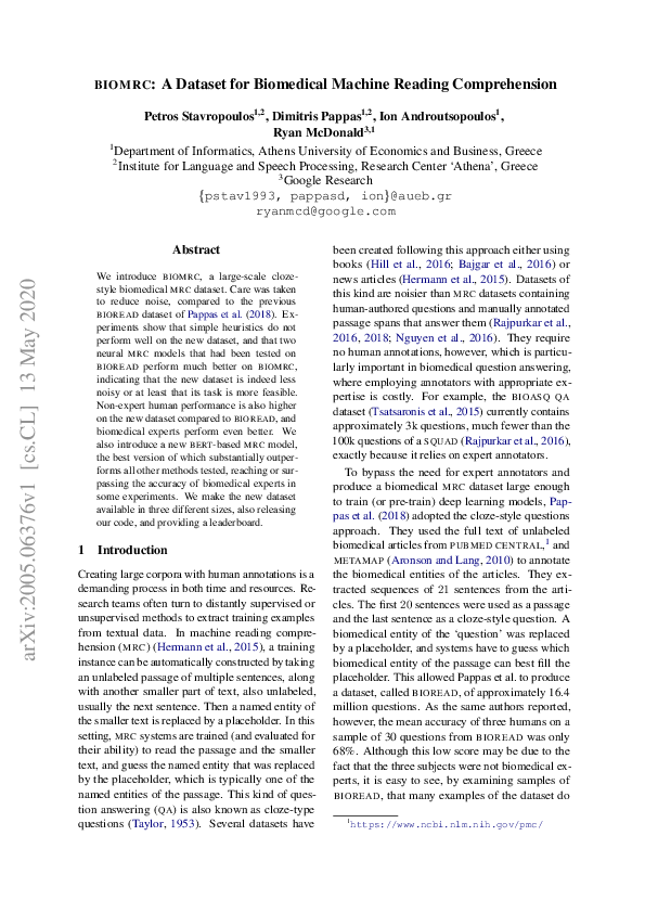 (PDF) BioMRC: A Dataset for Biomedical Machine Reading Comprehension