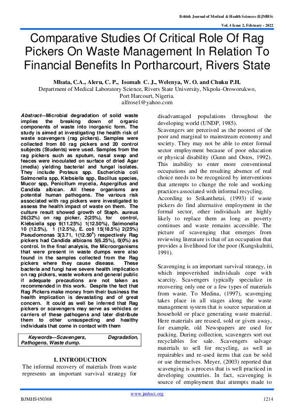 (PDF) Comparative Studies Of Critical Role Of Rag Pickers On Waste ...
