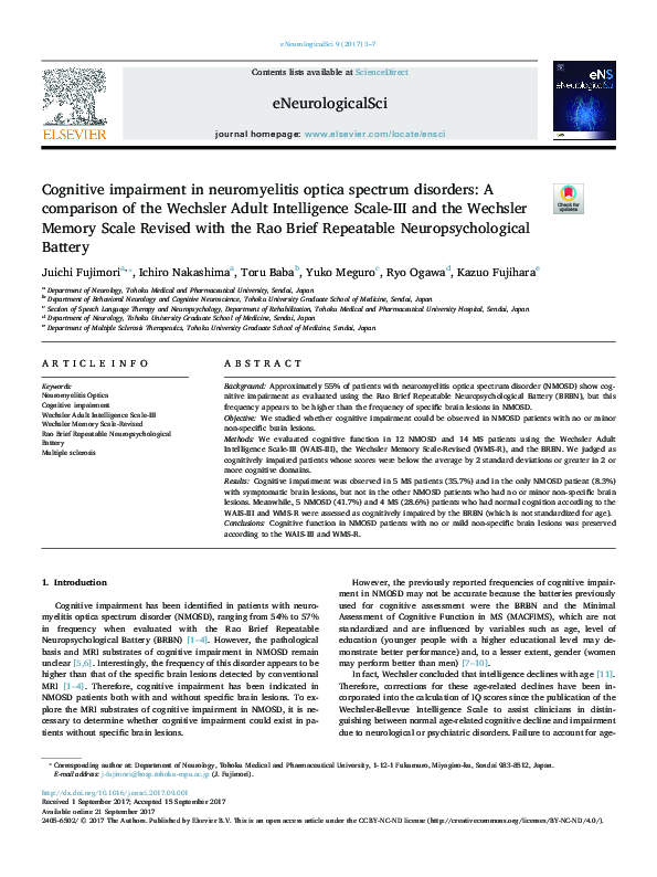 (PDF) Cognitive impairment in neuromyelitis optica spectrum disorders ...