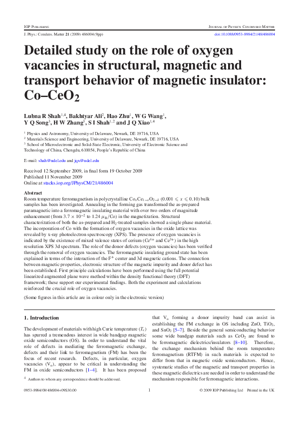 (PDF) Oxygen Vacancies in Co-CeO2 Magnetic Insulators