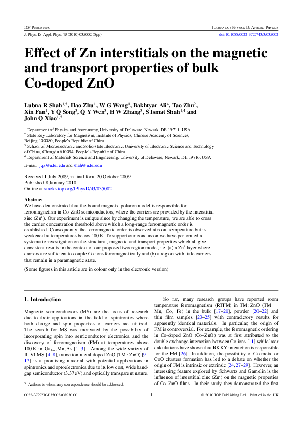 (PDF) Effect of Zn interstitials on the magnetic and transport properties of bulk Co-doped ZnO