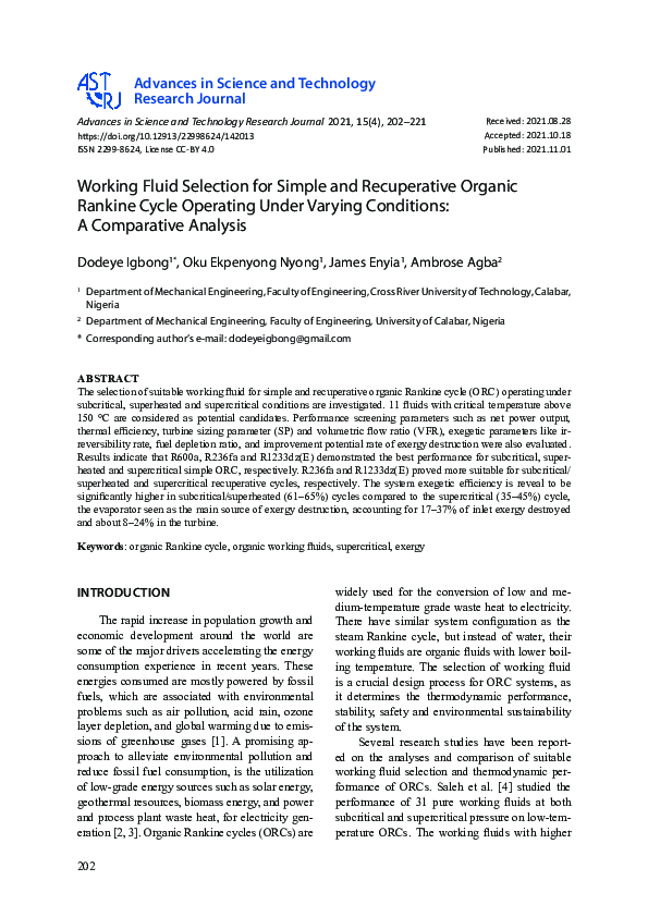 (PDF) Working Fluid Selection for Simple and Recuperative Organic Rankine Cycle Operating Under ...