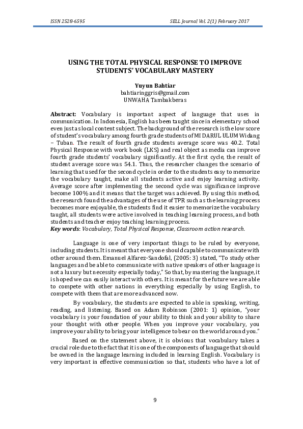 (PDF) USING THE TOTAL PHYSICAL RESPONSE TO IMPROVE STUDENTS' VOCABULARY ...