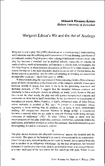 (PDF) Margaret Edson's Wit and the Art of Analogy