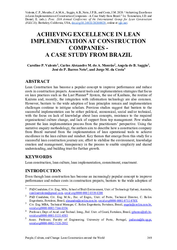 (PDF) Achieving Excellence in Lean Implementation at Construction ...