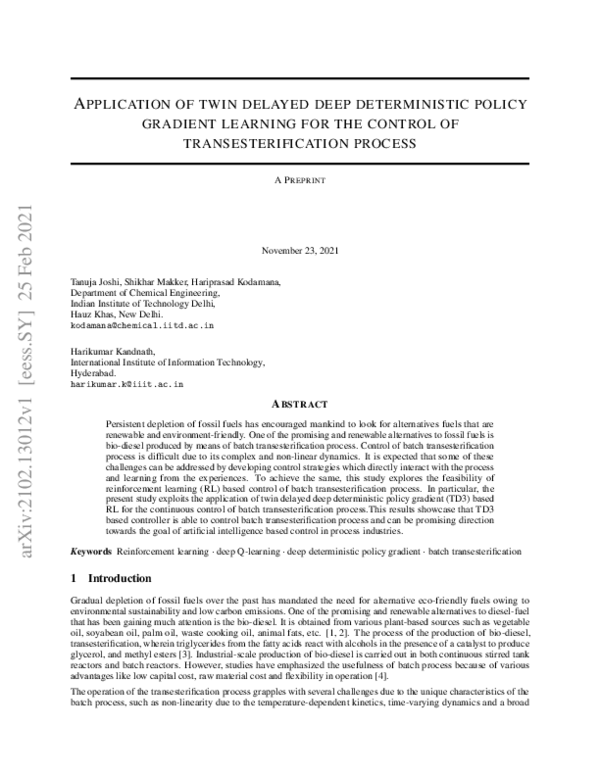 (PDF) TD3 Reinforcement Learning for Bio-diesel Control (PDF) TD3 Reinforcement Learning for Bio-diesel Control
