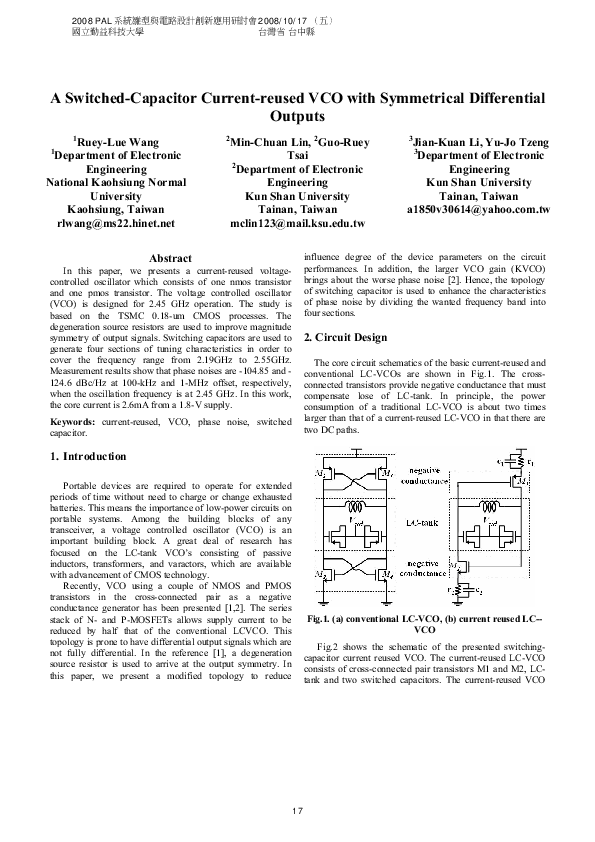 Pdf A Switched Capacitor Current Reused Vco With Symmetrical Differential Outputs