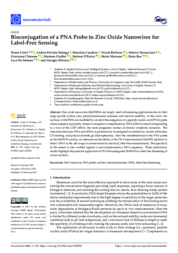 (PDF) Bioconjugation of a PNA Probe to Zinc Oxide Nanowires for Label ...