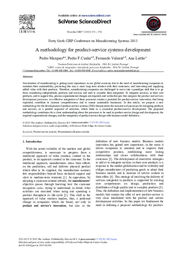 (PDF) A Methodology for Product-service Systems Development