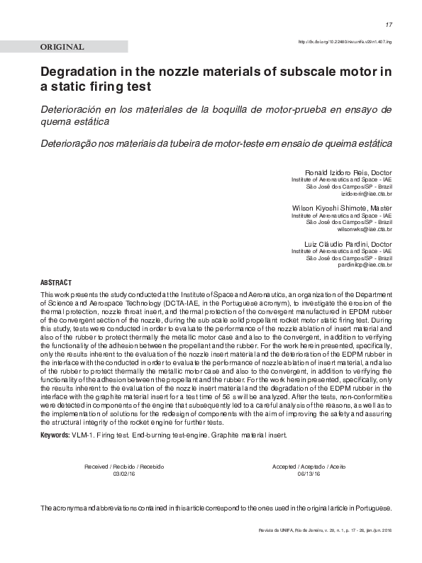 (PDF) Degradation in the nozzle materials of subscale motor in a static ...