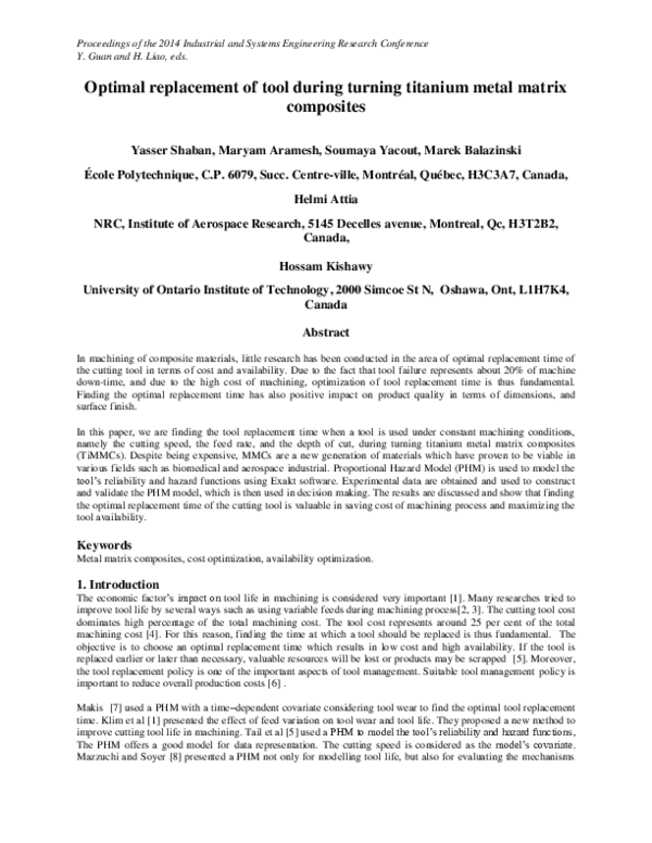 Pdf Optimal Replacement Of Tool During Turning Titanium Metal Matrix Composites
