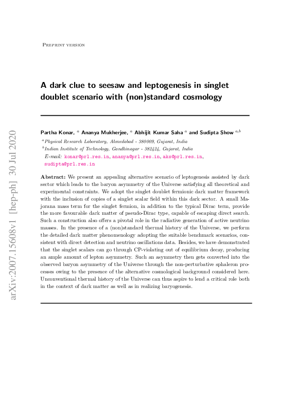 (PDF) A dark clue to seesaw and leptogenesis in singlet doublet ...