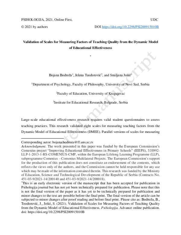 (PDF) Validation of scales for measuring factors of teaching quality from the dynamic model of ...