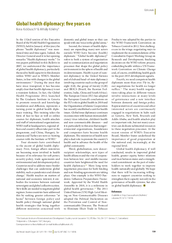 (PDF) Global health diplomacy: five years on