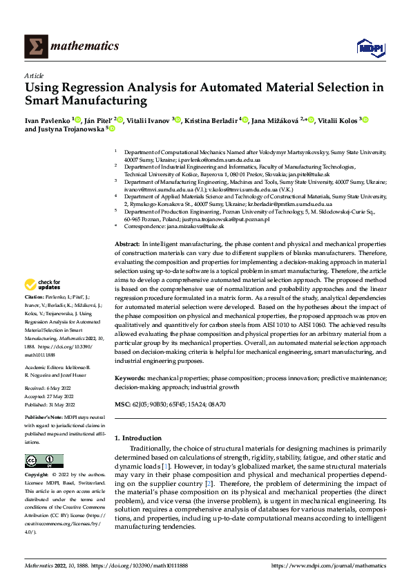 (PDF) Using Regression Analysis for Automated Material Selection in Smart Manufacturing