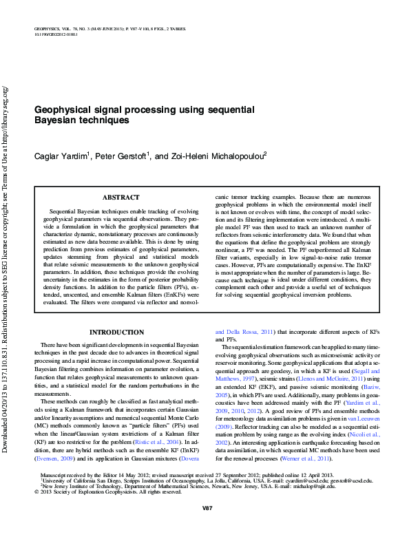 (PDF) Geophysical signal processing using sequential Bayesian techniques (PDF) Geophysical signal processing using sequential Bayesian techniques