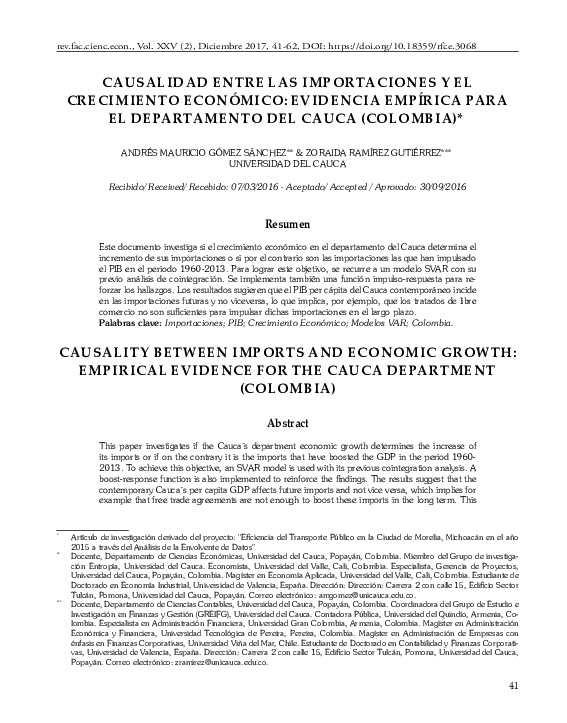 Pdf Causalidad Entre Las Importaciones Y El Crecimiento Económico Evidencia Empírica Para El