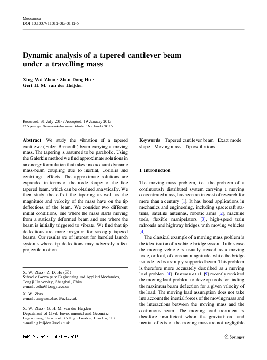 (PDF) Dynamic analysis of a tapered cantilever beam under a travelling mass