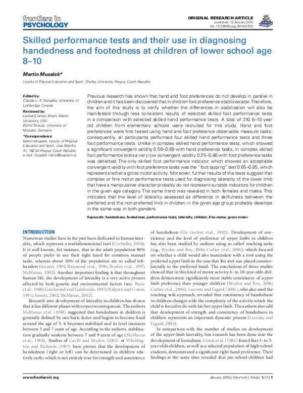 (PDF) Skilled performance tests and their use in diagnosing handedness ...