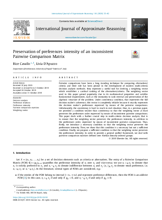 (PDF) Preservation of preferences intensity of an inconsistent Pairwise Comparison Matrix