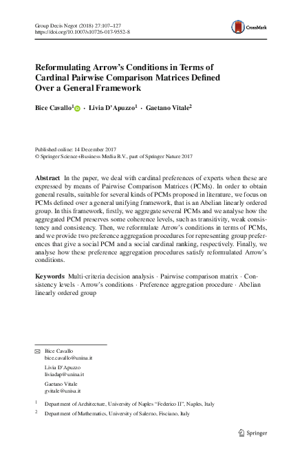 (PDF) Reformulating Arrow’s Conditions in Terms of Cardinal Pairwise Comparison Matrices Defined ...