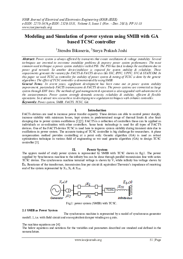 Pdf Modeling And Simulation Of Power System Using Smib With Ga Based