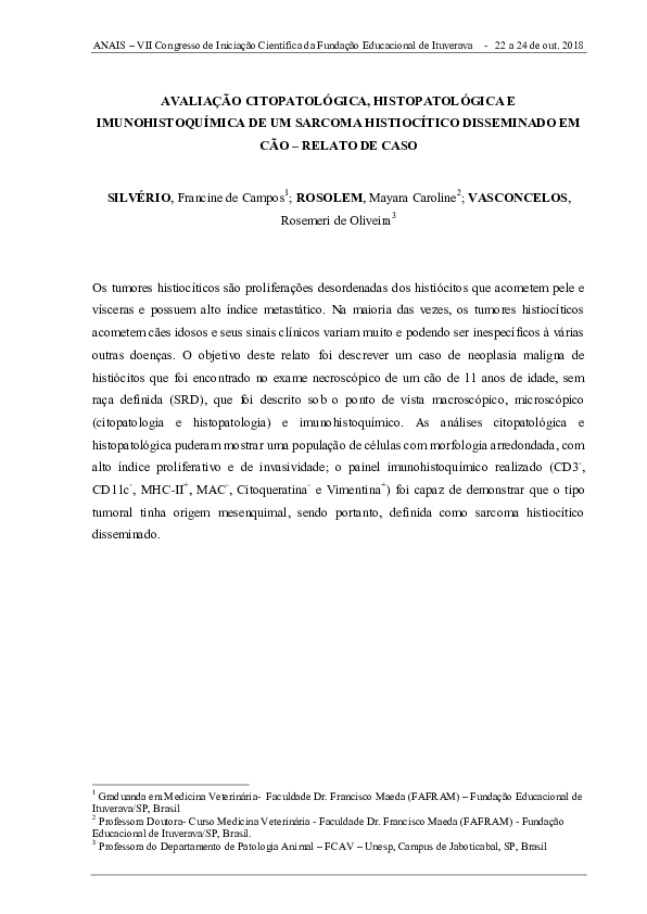 (PDF) Avaliação Citopatológica, Histopatológica e Imunohistoquímica De ...