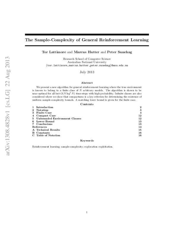 (PDF) The sample-complexity of general reinforcement learning