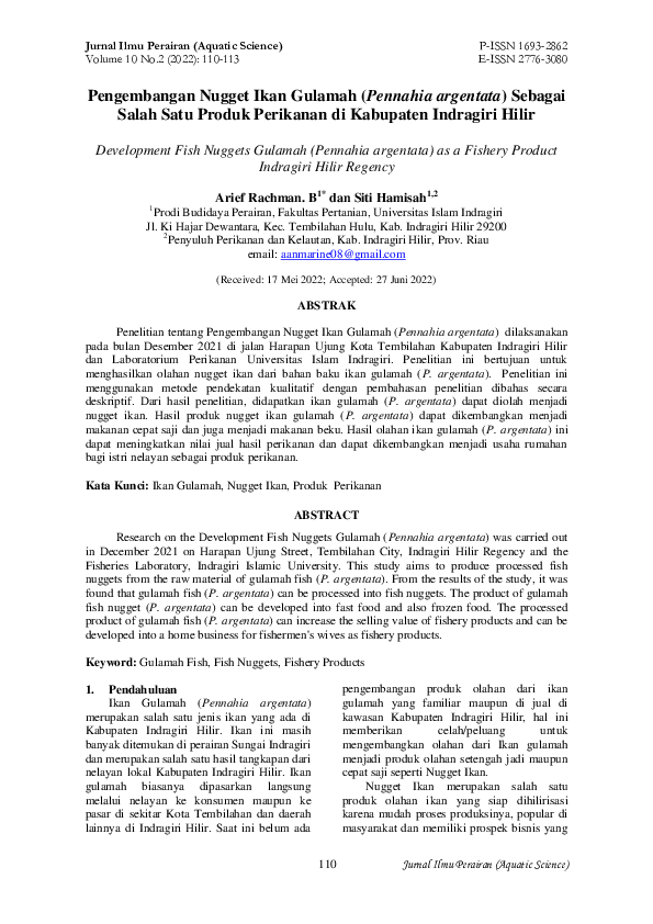 (PDF) Pengembangan Nugget Ikan Gulamah (Pennahia argentata) Sebagai ...