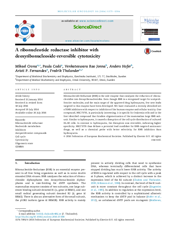 (PDF) A ribonucleotide reductase inhibitor with deoxyribonucleoside ...